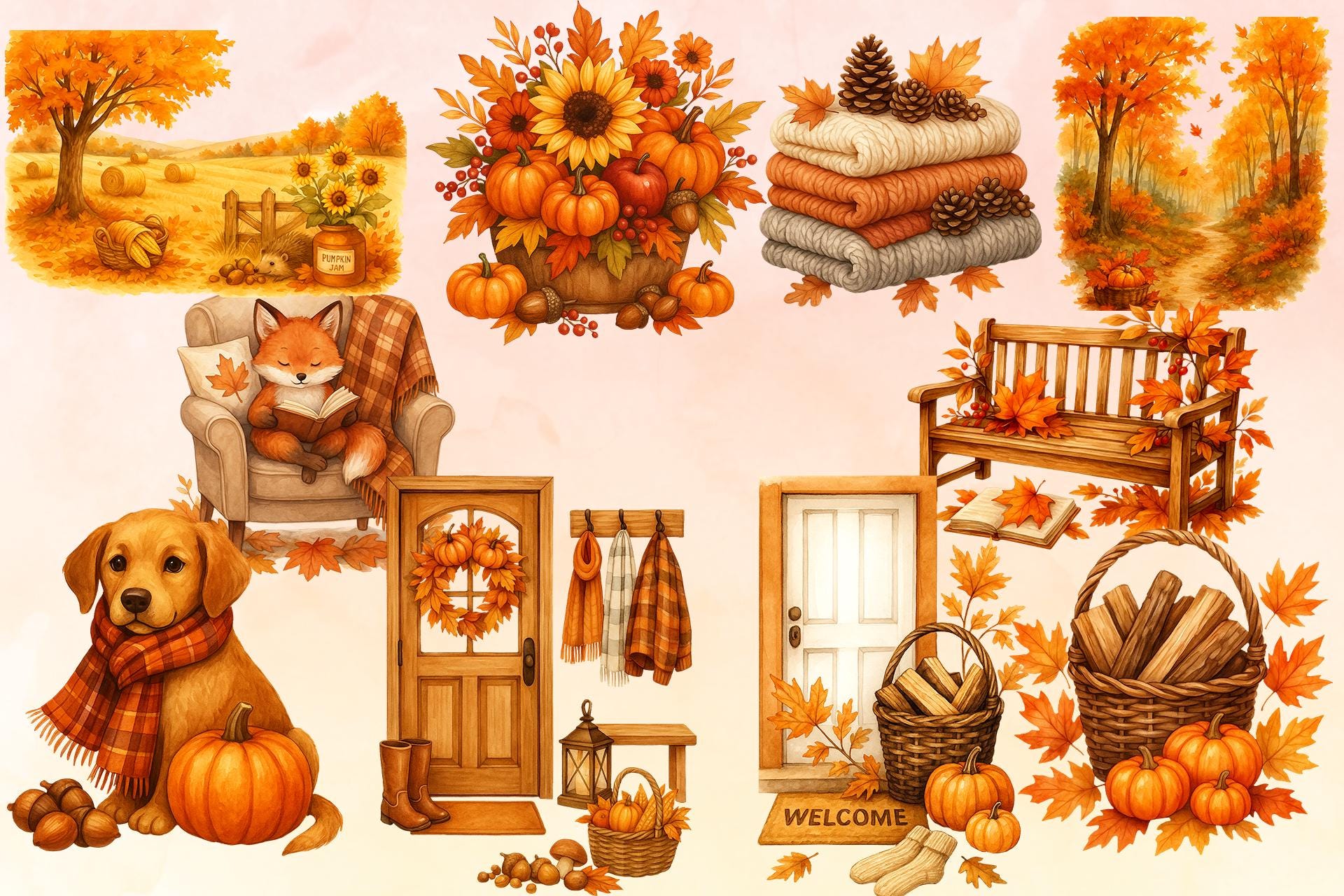 Cosy Autumn Clipart Bundle, 100 Fall PNG Designs, 300 DPI Commercial ...