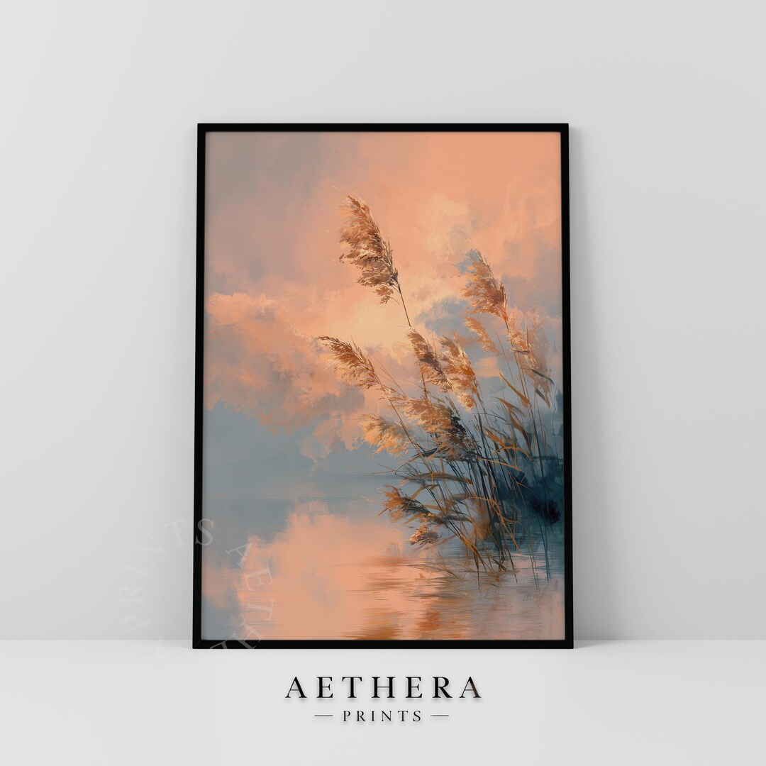 Serene Watercolor Reed Sunset Print - Calming Botanical Wall Art ...