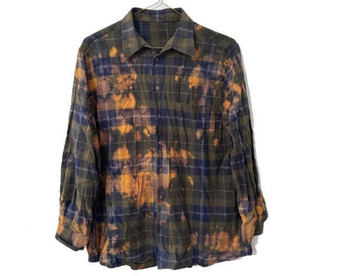 Bleach Splattered Flannel Shirt Blue Olive Green Plaid Size Large - Etsy