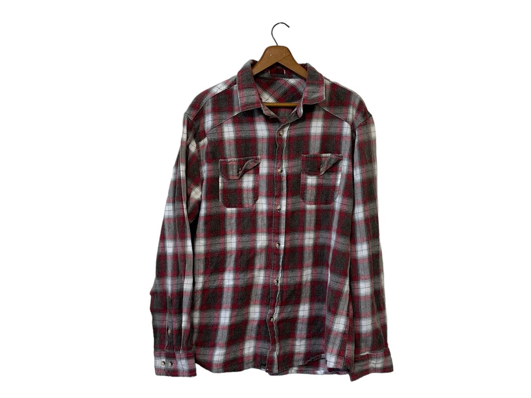Heavily Faded & Worn Vintage Flannel Shirt Red Gray White Plaid Cotton ...