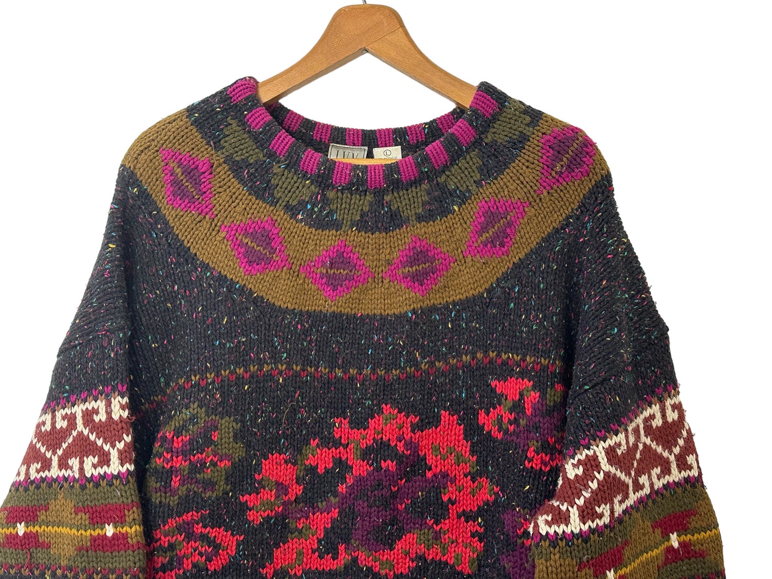 Vintage Ivy Fair Isle Floral Patterned Thick Knit Pullover Sweater ...