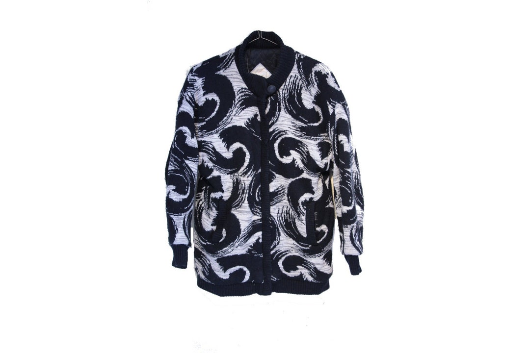 Vintage 80's Swirl Black & White Patterned Jacket for Women Coat Size ...