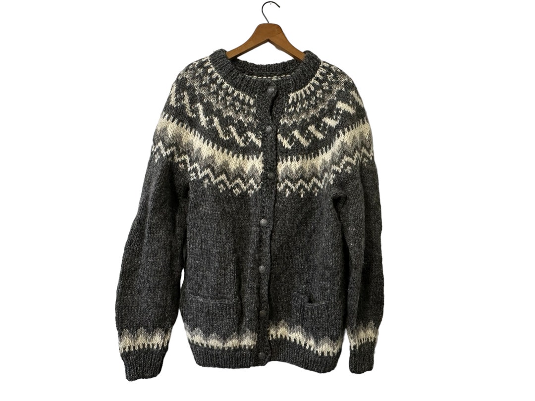 Vintage Icelandic Wool Cardigan Sweater Gray and White Button Front ...