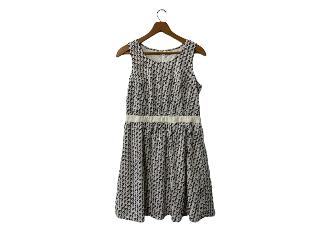 Retro Mod Style Dress Fox Print Sleeveless Ribbon Band Pleated Waist ...