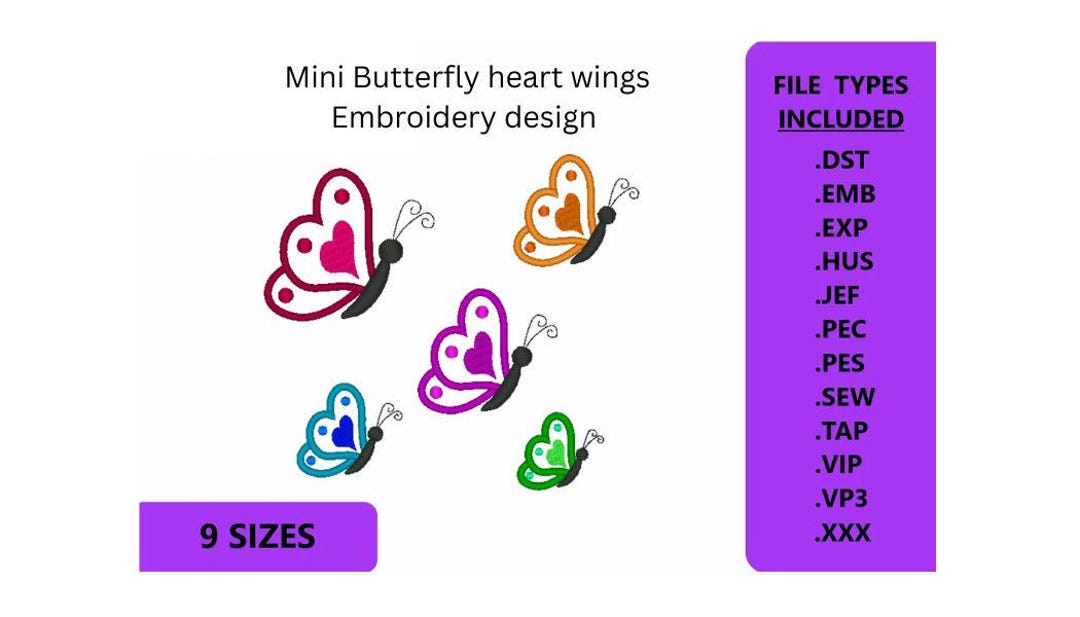 Mini Butterfly Machine Embroidery Design W Heart Wings, 9 Sizes ...