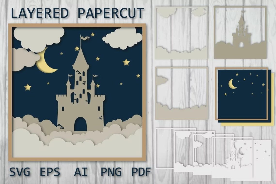 3D Castle Shadow Box, Castle Paper Cut Layered, Moon and Stars Papercut ...