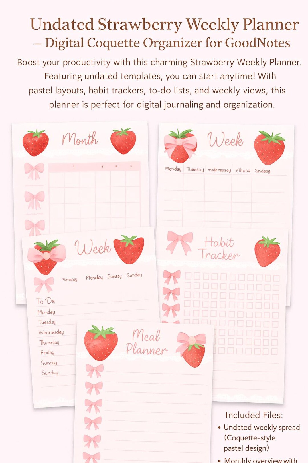 Undated Strawberry Weekly Planner – Digital Coquette Organizer for ...