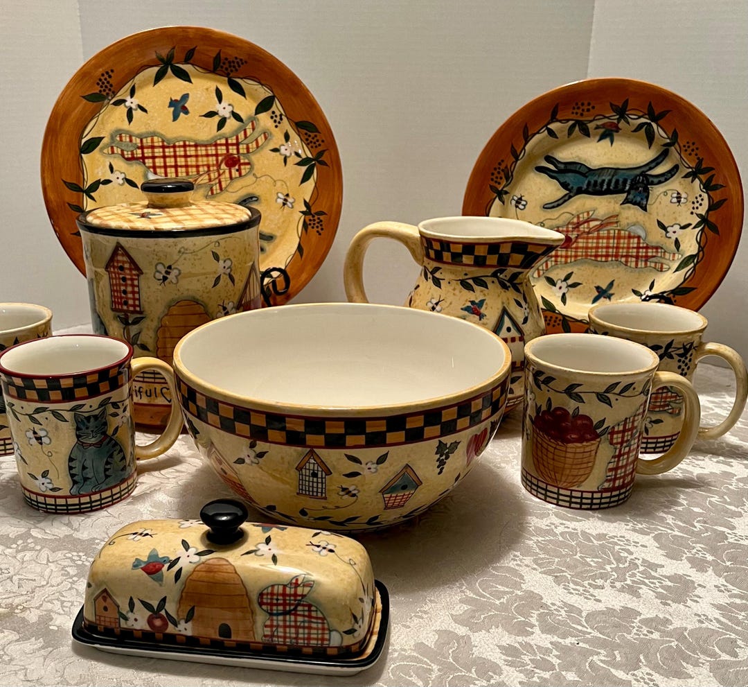 Vintage Lang Earthenware Platter Set: Cat & Bunny Design by Susan ...