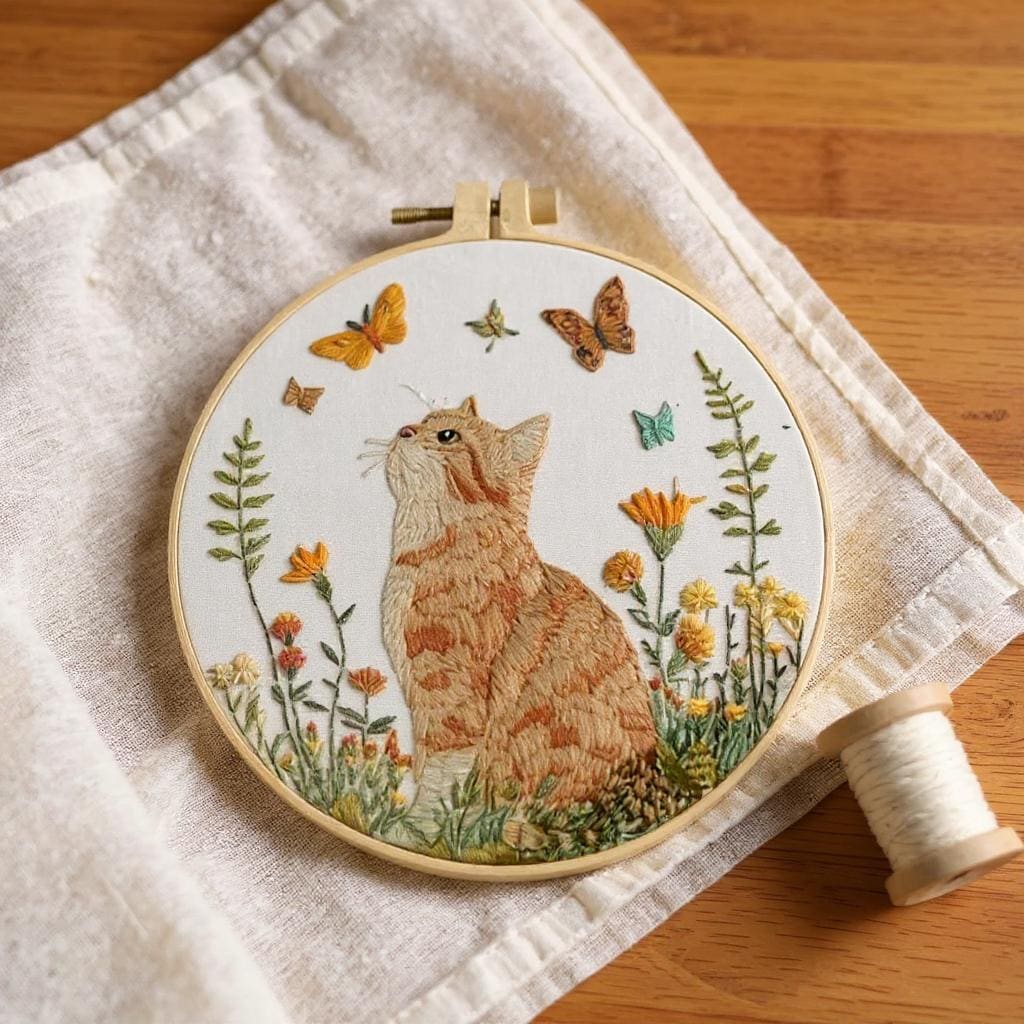Cat Embroidery Kit | Stamped Embroidery Pattern | Beginner DIY Floral ...
