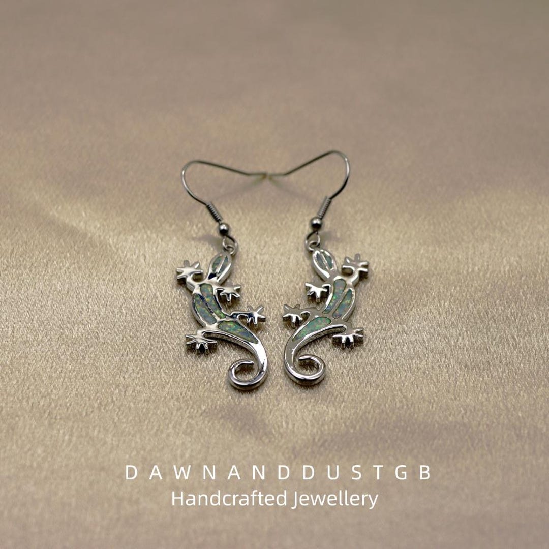 Guardian Lizard Earrings, Movable White Opal Dangle for Good Luck ...