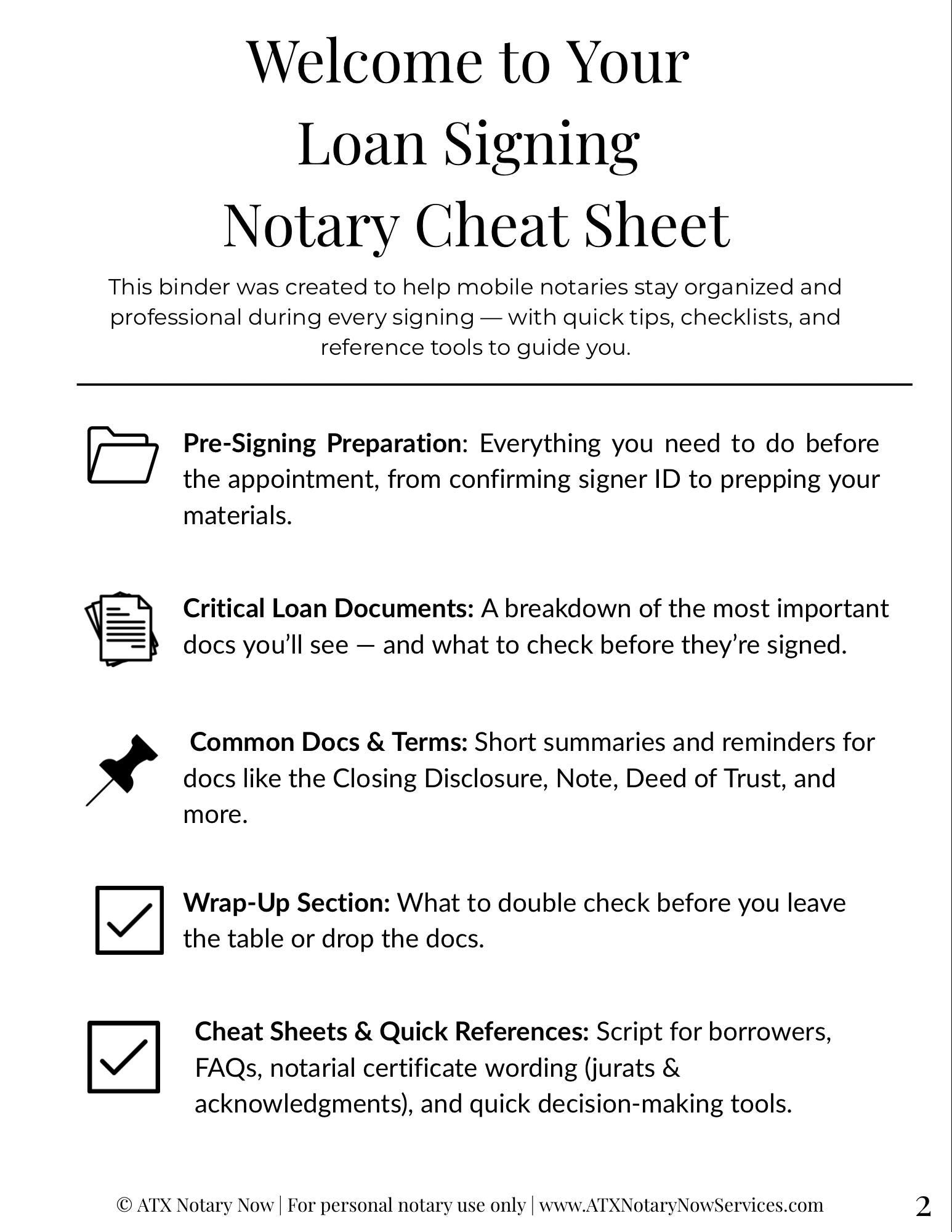 Notary Loan Signing Cheat Sheet Binder: Mobile Notary Guide (digital ...