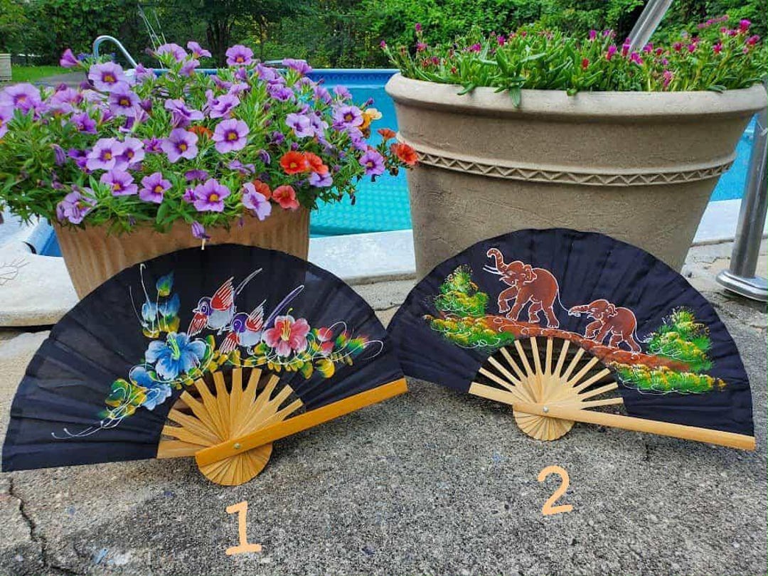 Hand-painted Thai Elephant Fan: Bamboo & Fabric Wall Decor - Etsy