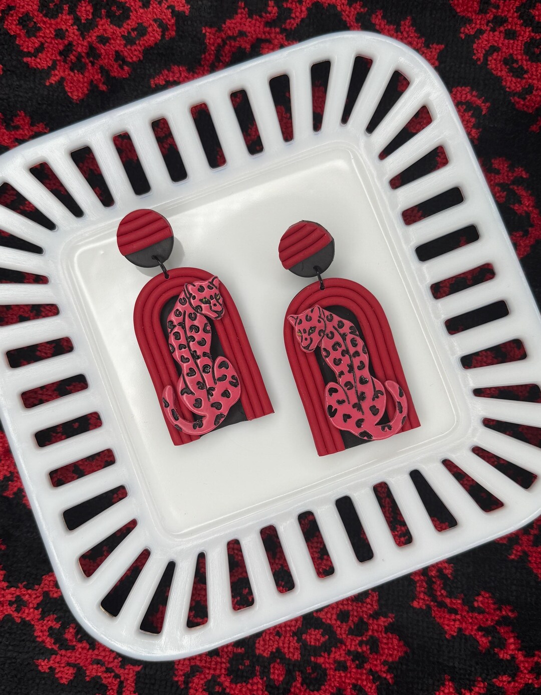 Art Deco Pink Cheetah Leopard Arch Polymer Clay Statement Earrings 3.5 ...