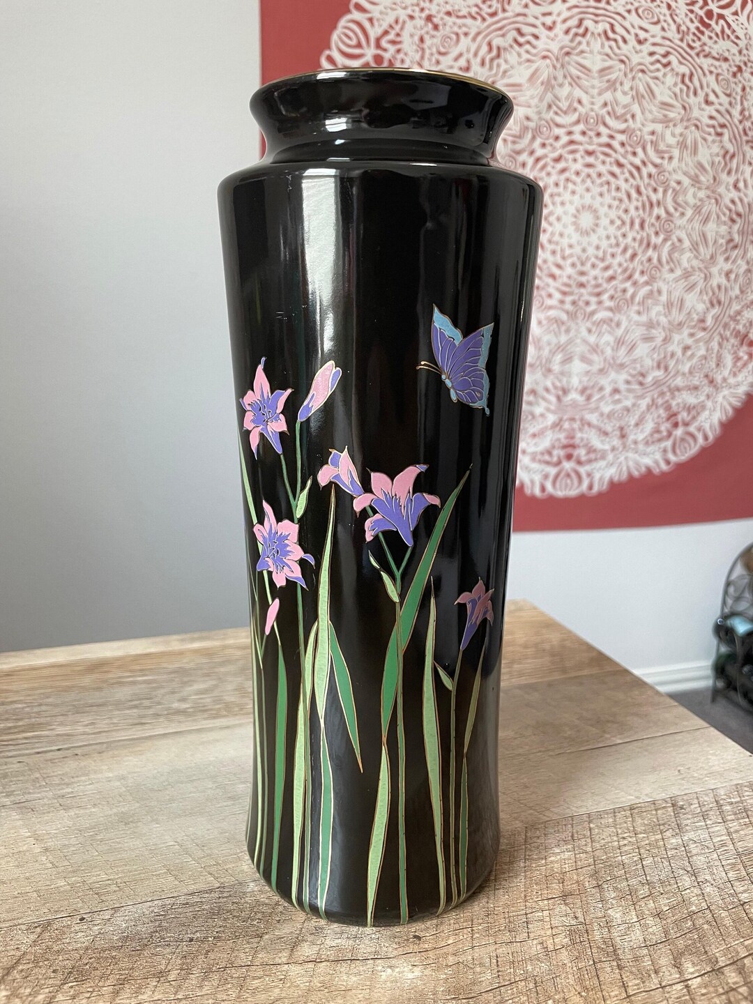 Black Tall MIC Otagiri Vase M/japan, Ornate With Butterfly's and Bell ...