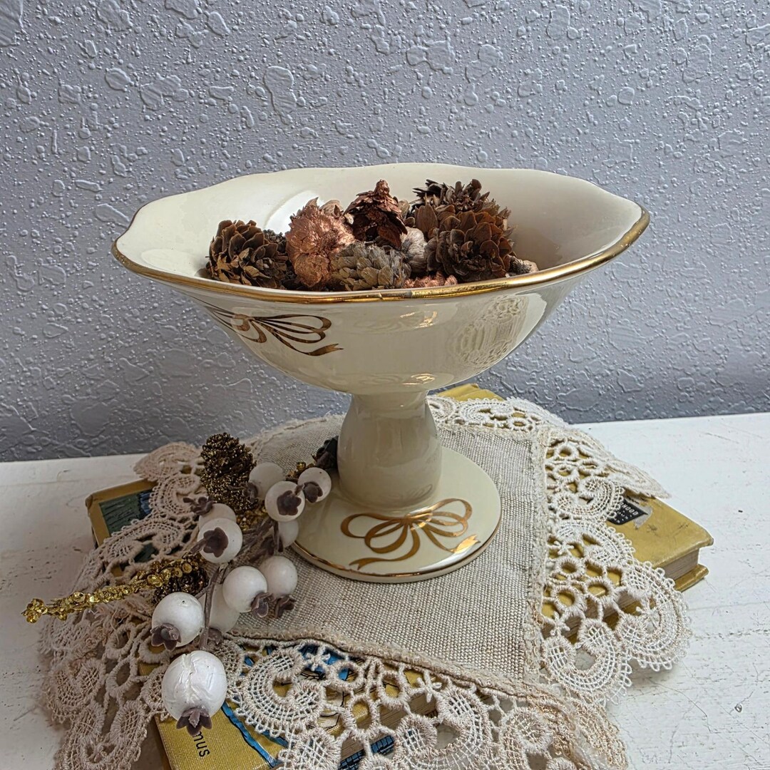 Vintage Teleflora Cream Gold Bow Pedestal Bowl Decorative Candy Dish ...