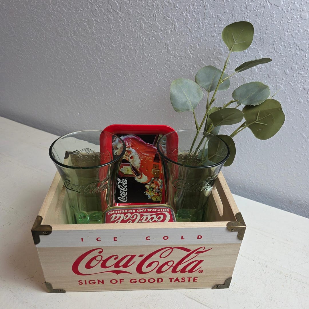 Vintage Coca Cola Gift Set Wooden Crate, Glassware, Santa Tray 1998 ...