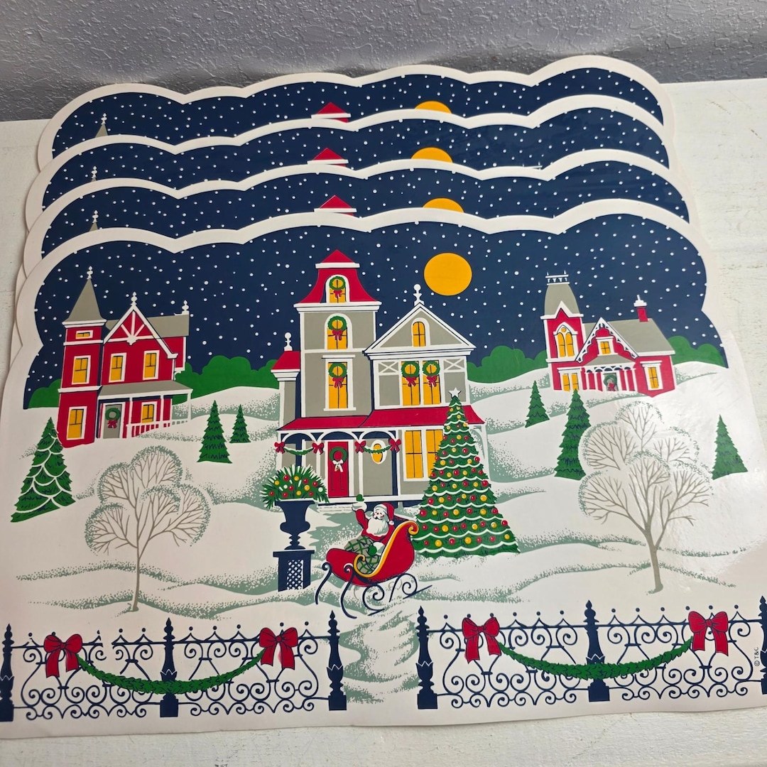 Vintage Christmas Village Scene Vinyl Placemats Santa Sleigh Holiday ...