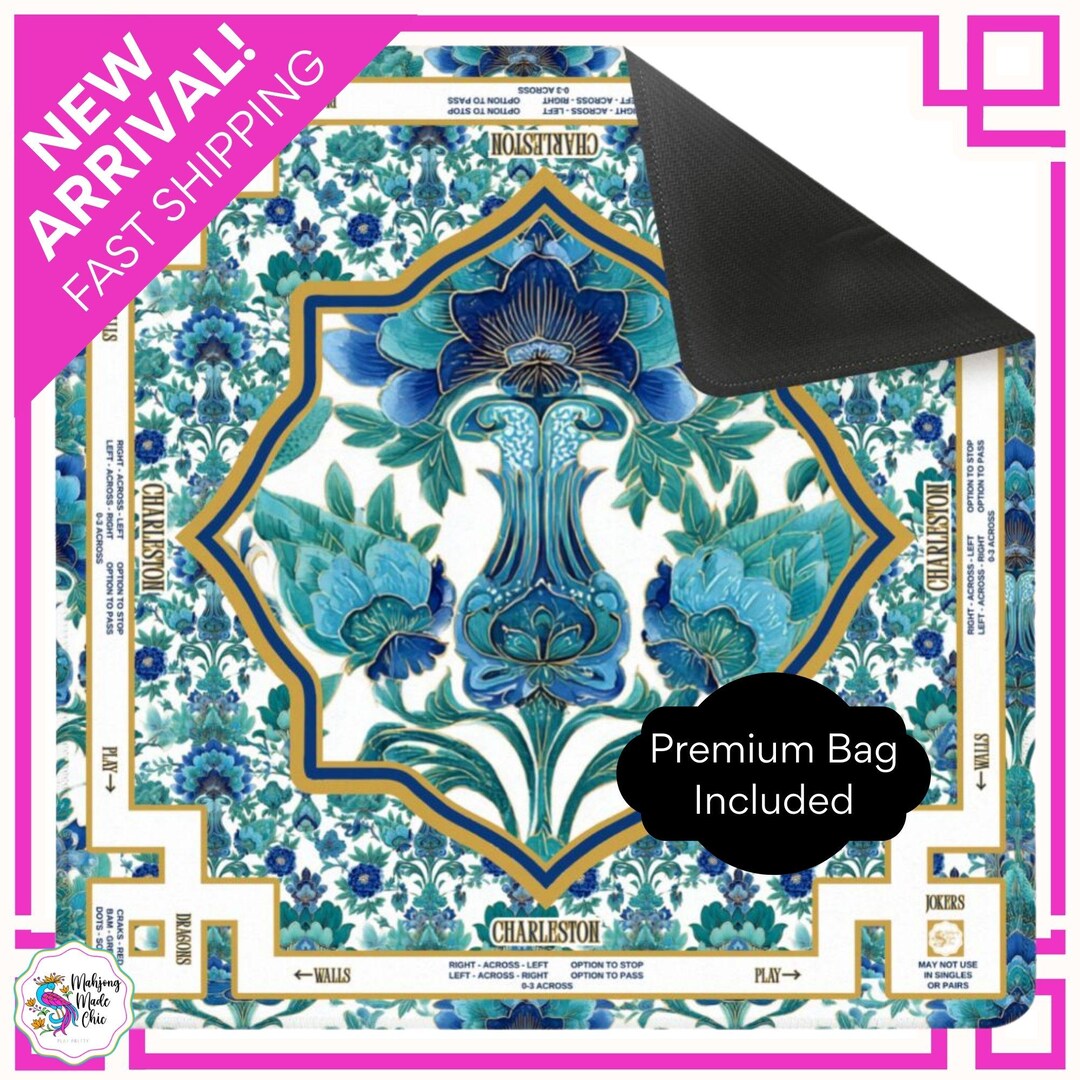 Blue Gold Turquoise Mahjong Mat With Instructions, Directions Neoprene ...