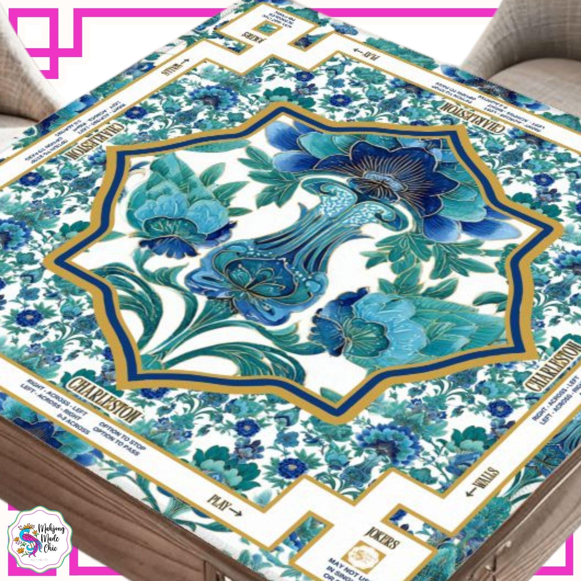 Blue Gold Turquoise Mahjong Mat With Instructions, Directions Neoprene ...