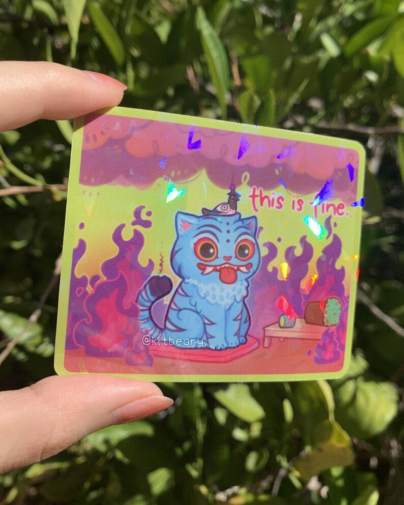 Demon Tiger and Magpie "this is Fine" Meme Holographic Vinyl Sticker - Etsy