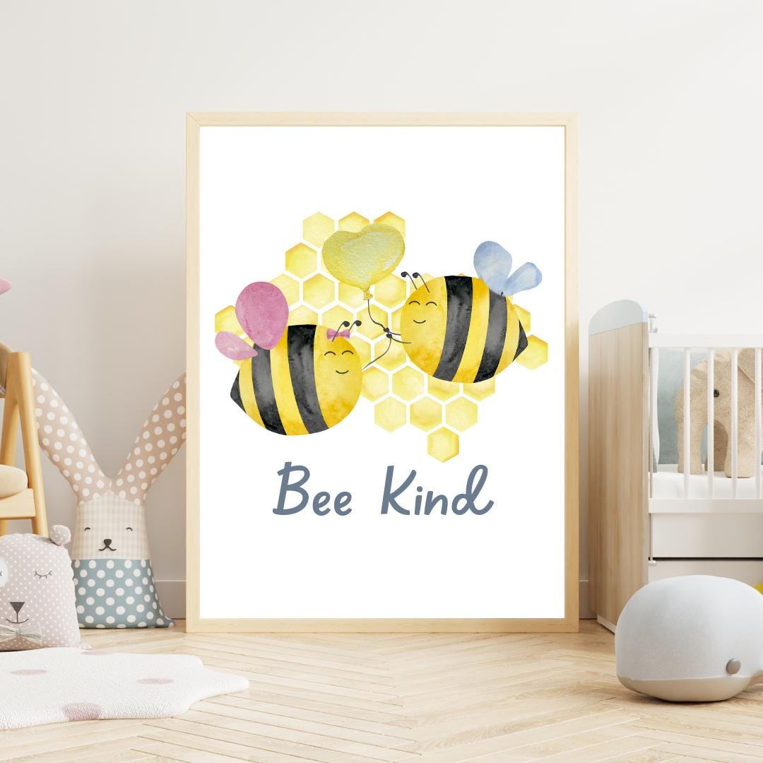 Bee Kind Nursery Print – Cute Bumblebee Wall Art With Honeycomb ...