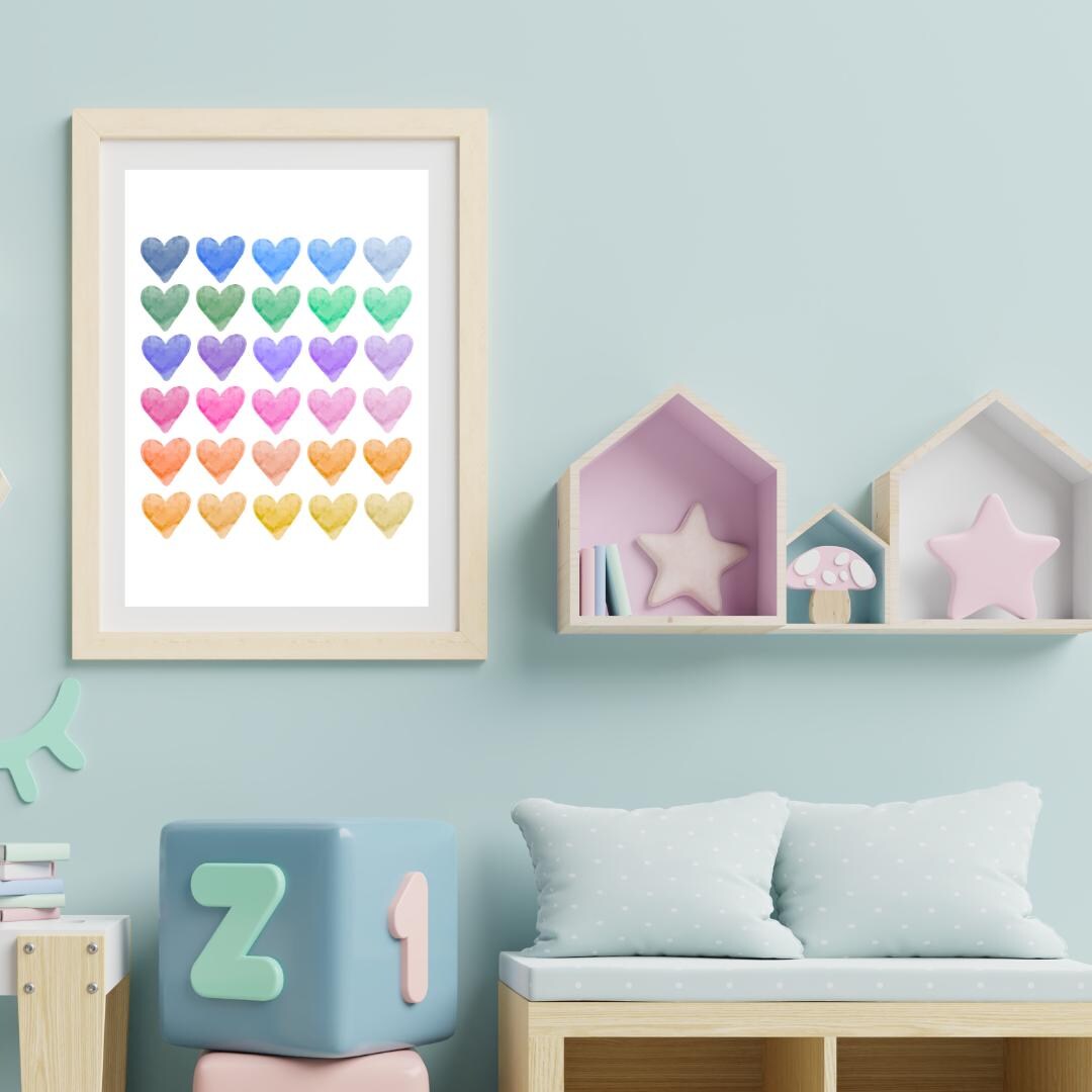 Rainbow Watercolor Hearts Wall Art | Rainbow Hearts Print for Kids Room ...