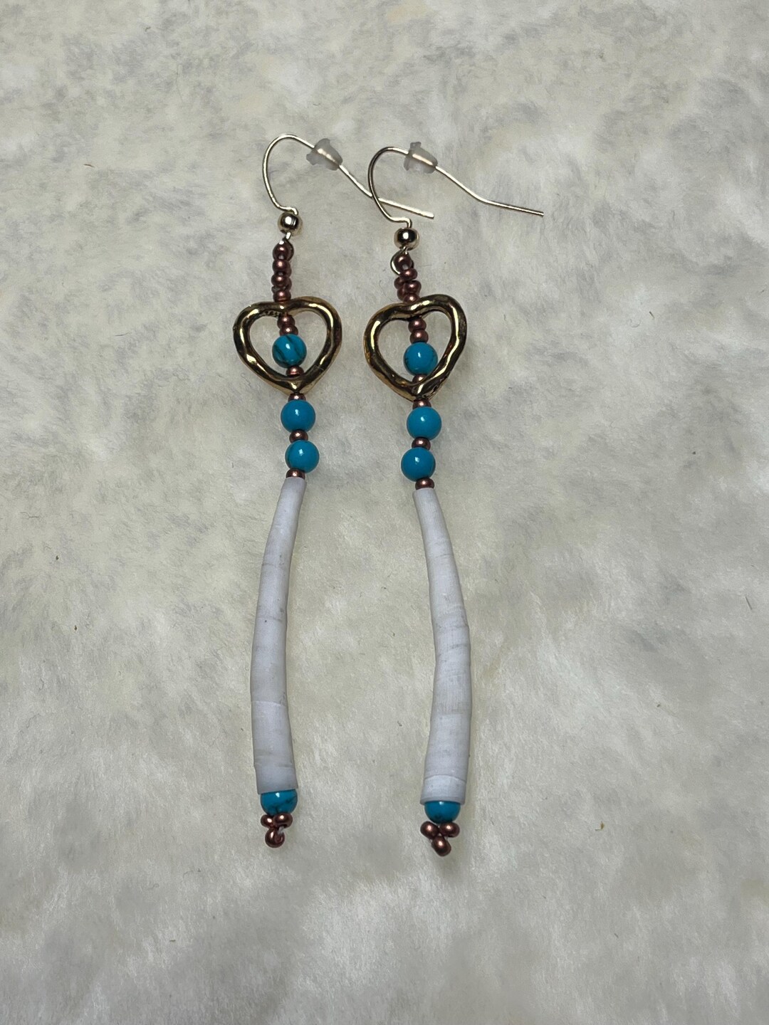 Indigenous Turquoise & Shell Dangle Earrings, Heart Beaded Earrings ...