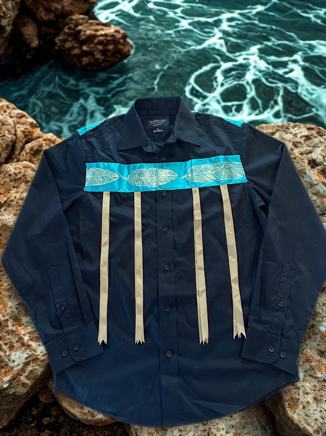 Black Indigenous Ribbon Shirt, Turquoise Feather, Northwest Coast ...