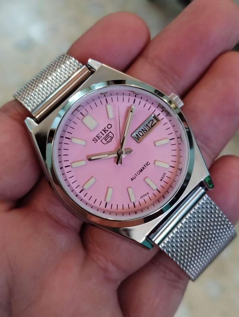 Vintage Seiko 5 Mens Automatic Pink Dial Day Date Japan Working Wrist ...
