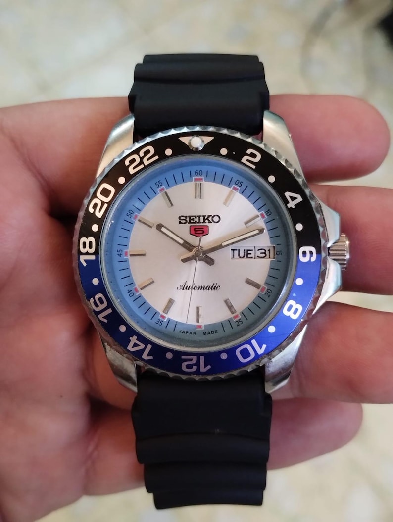 Vintage Seiko 5 Mens Automatic Blue Dial Blue/black Rotating Bezel Day ...