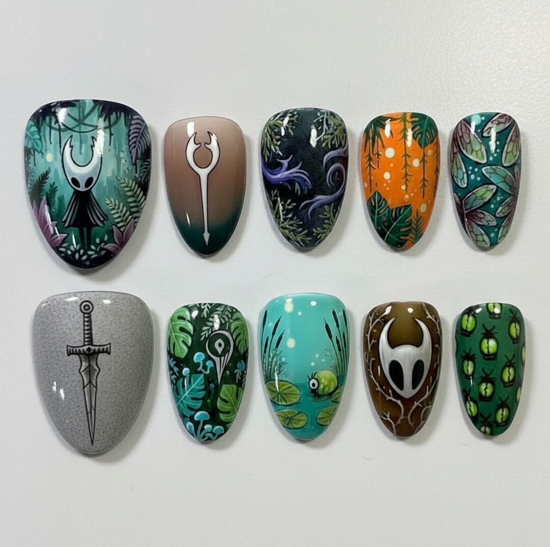 Handmade Ho.llow Kni.ght Press on Nails, Fantasy Jungle Nail Set, Bug ...