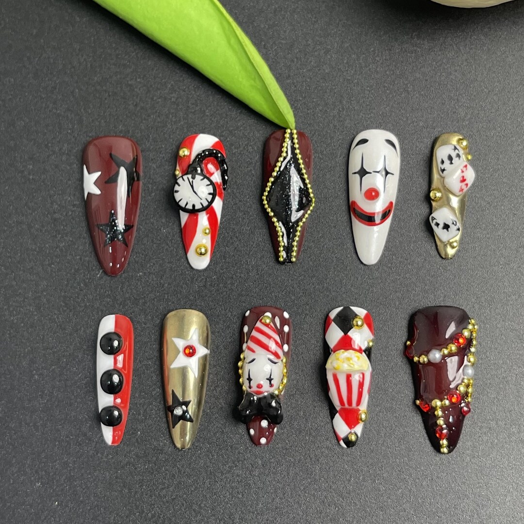 Handmade Circus Clown Press on Nails: 3D Popcorn & Harlequin Art - Etsy