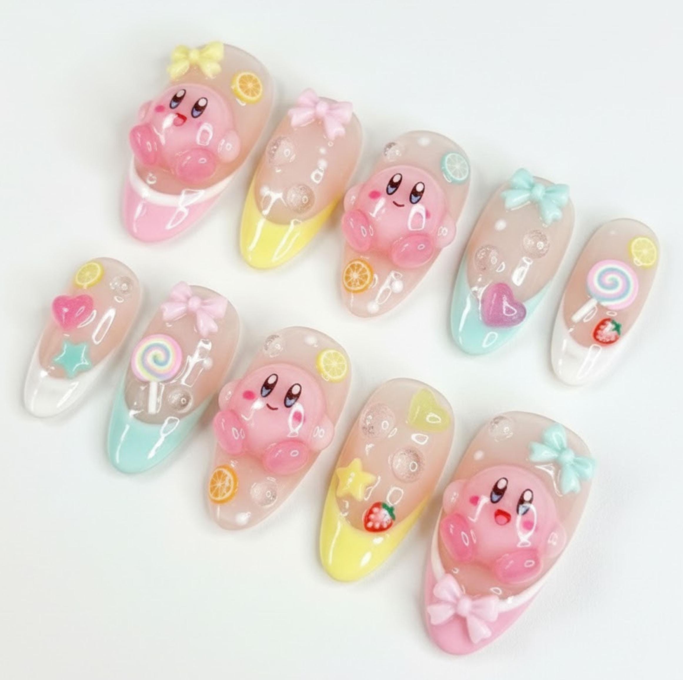 Handmade Kawaii Ki.rby Press on Nails, 3D Candy Kir.by Nails, Pastel ...