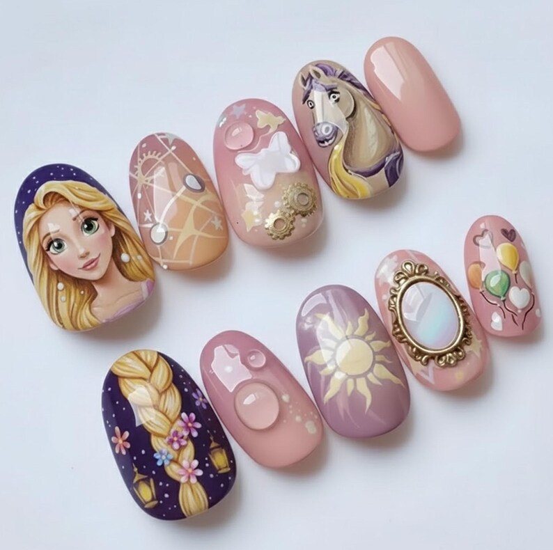 Hand-painted Rapunzel Tangled Nail Set, Pascal Chameleon, Tower & Sun ...