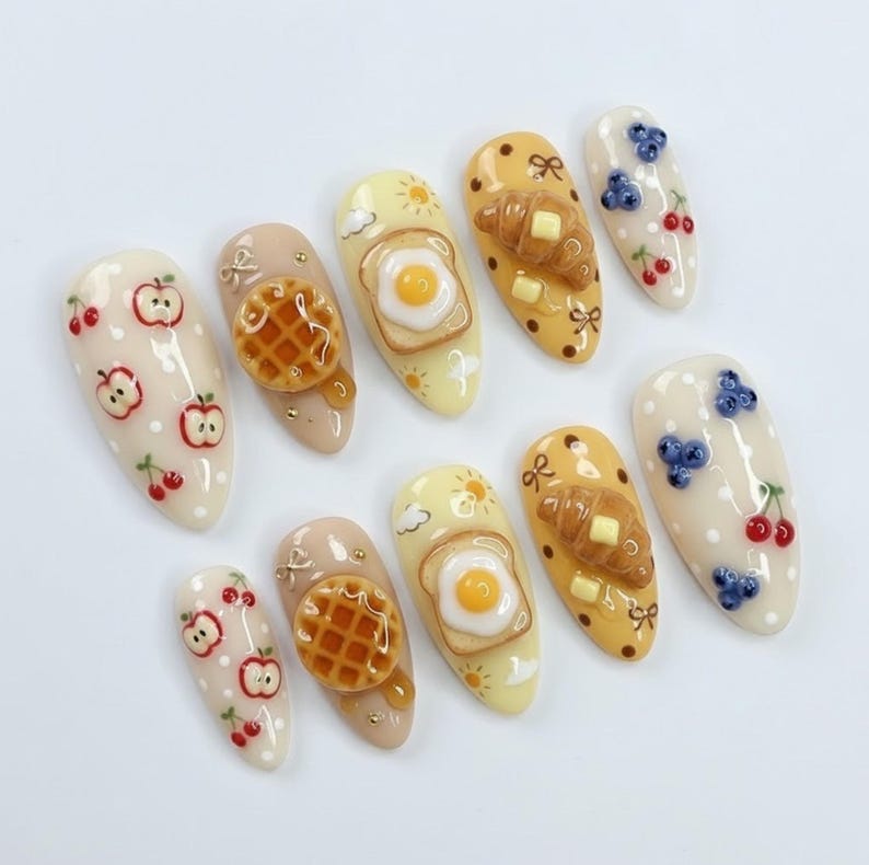 Handmade Breakfast Press on Nails, 3D Waffle and Fried Egg Nail Set ...
