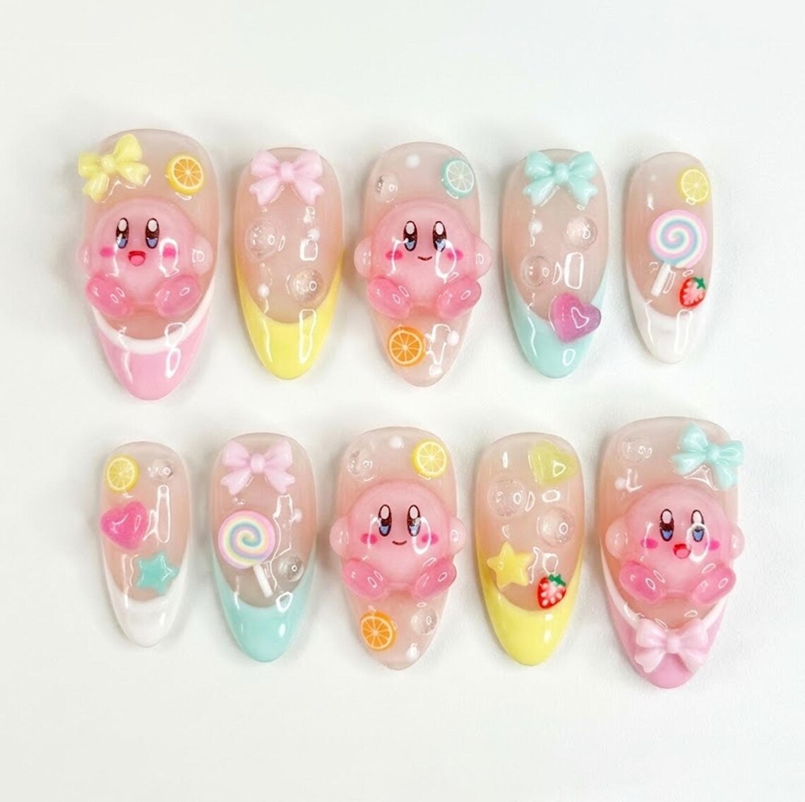 Handmade Kawaii Ki.rby Press on Nails, 3D Candy Kir.by Nails, Pastel ...