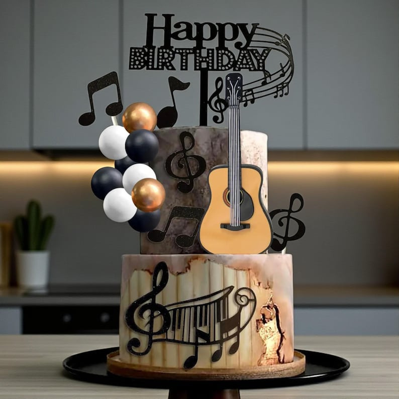 Guitar & Music Notes Cake Topper Set | Rock Theme Birthday Cake ...