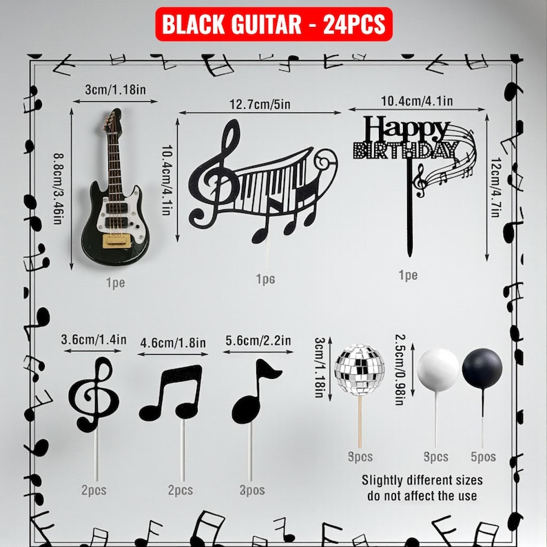Guitar & Music Notes Cake Topper Set | Rock Theme Birthday Cake ...