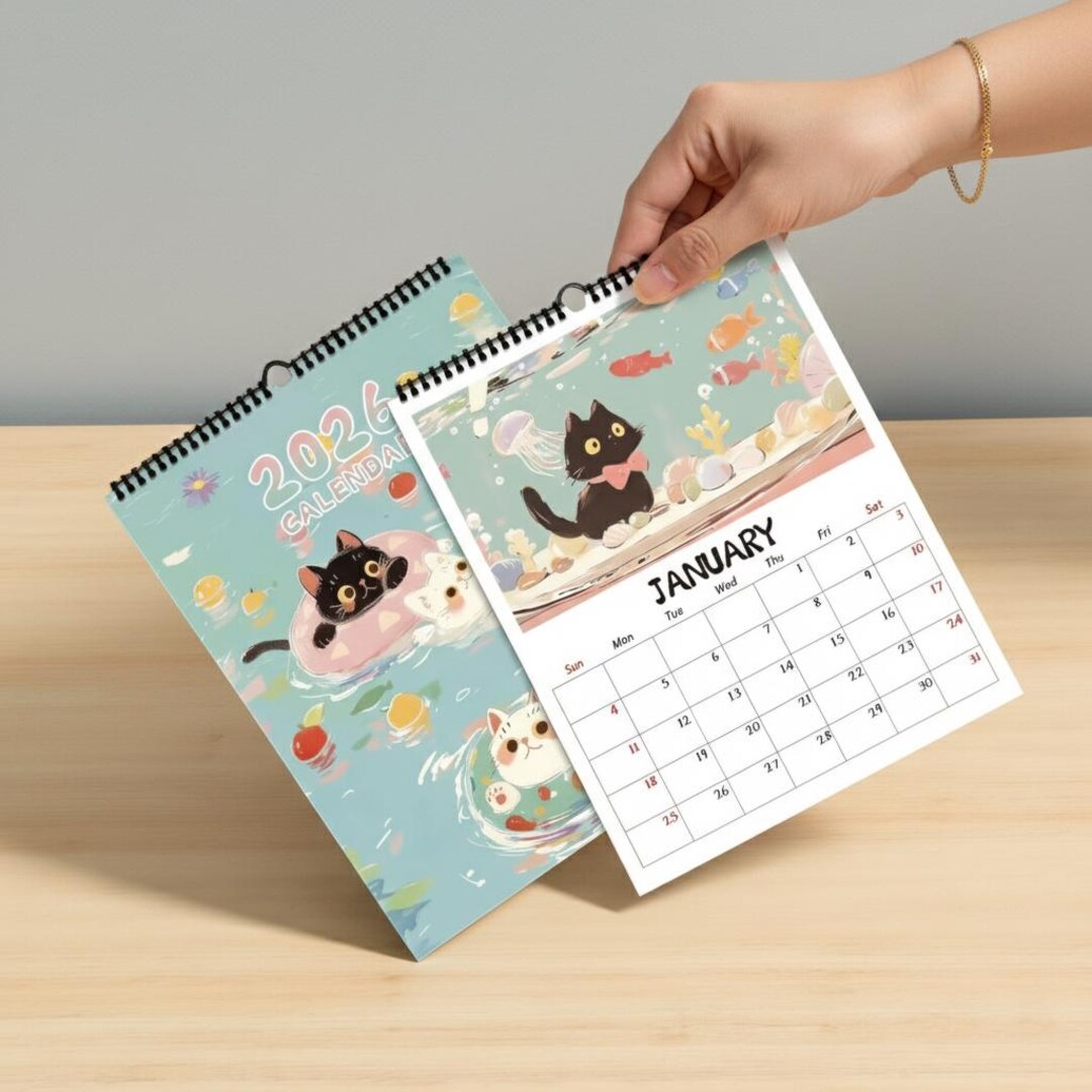 2026 Cute Cat Wall Calendar, Kawaii Black & White Cats, Cozy Animal Art ...