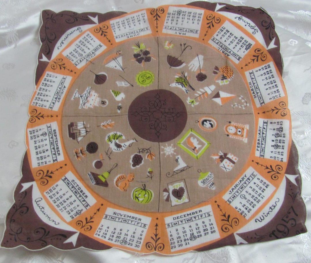1957 Calendar // Beautiful Printed Cotton Hankie Handkerchief Vintage ...