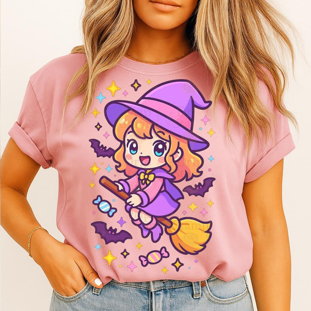Kawaii Witch Clipart PNG: Pastel Halloween, Broomstick & Candy (digital ...
