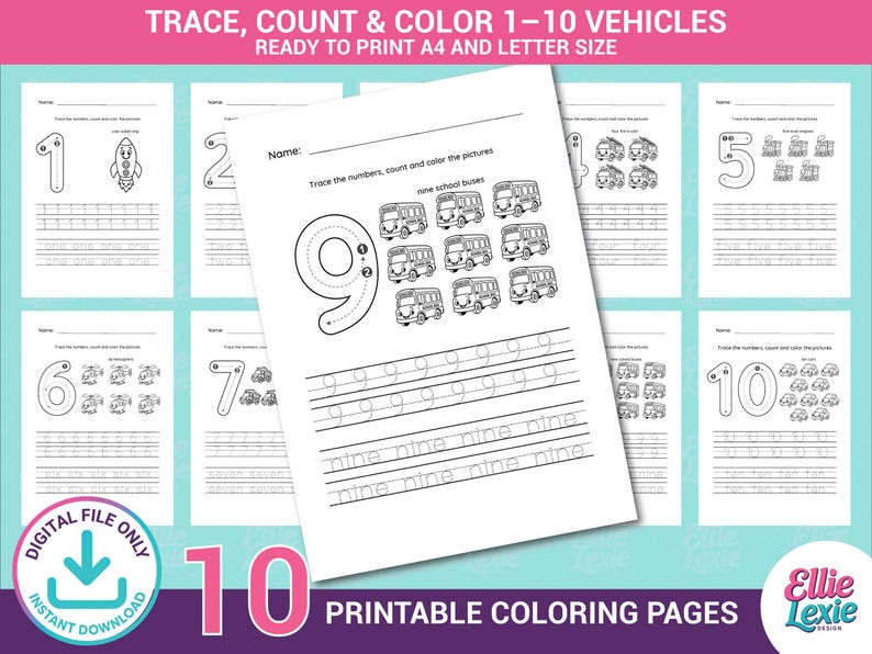 Trace, Count & Color 1–10 Vehicles | Preschool Numbers | Kids Printable ...
