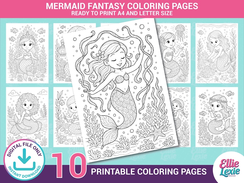 Mermaid Fantasy Coloring Pages Printable | Cute Mermaid Coloring Book ...