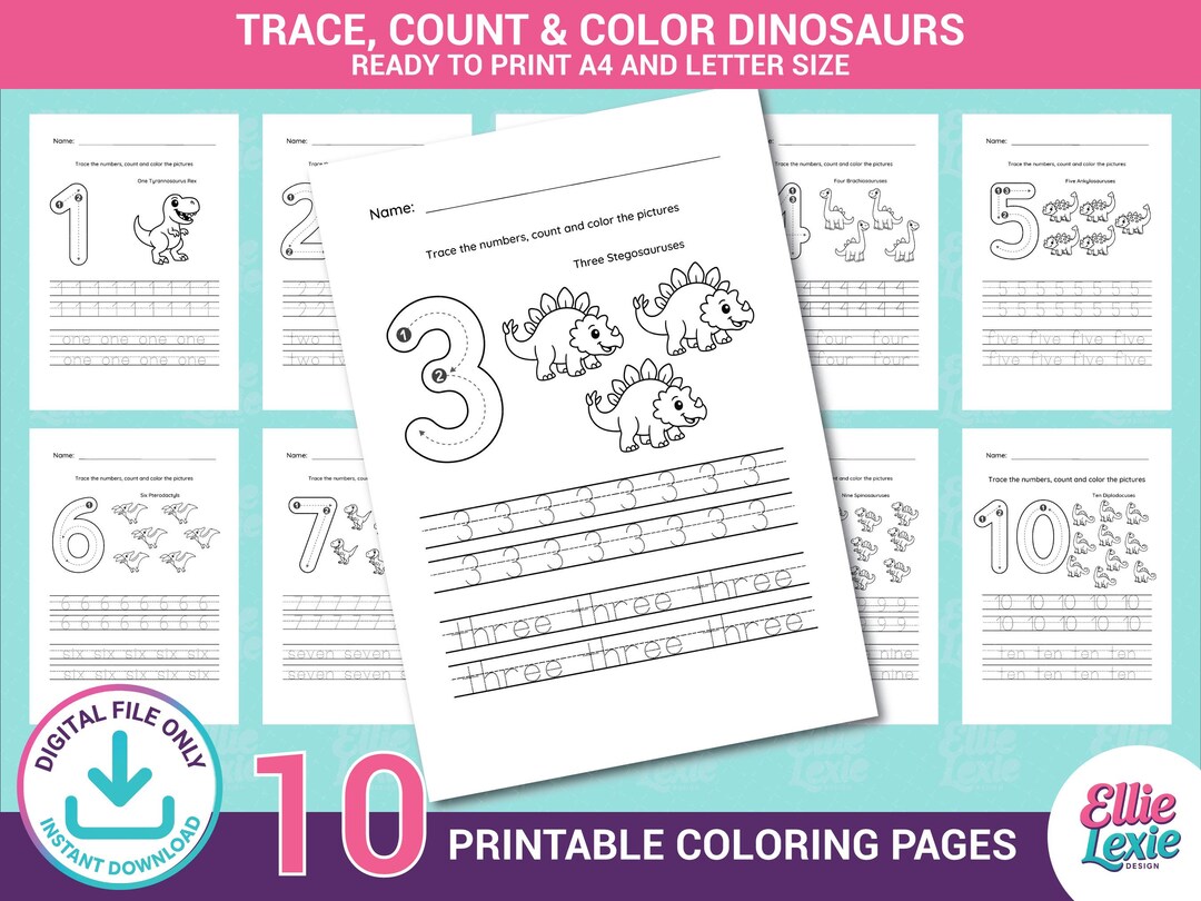 Trace, Count and Color Dinosaurs | Kids Activity Printable | Dinosaur ...