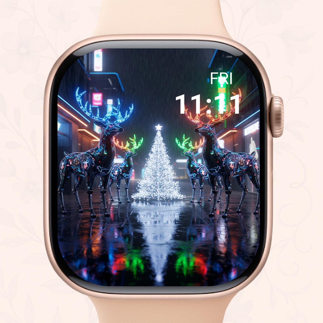 Cyber Reindeer Apple Watch Wallpaper: Neon Christmas, Rainy City ...
