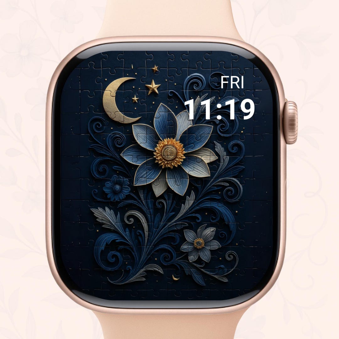 Celestial Bloom Apple Watch Wallpaper – Dark Blue & Gold Floral ...