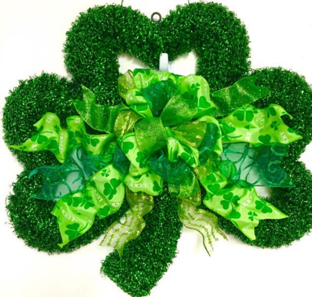 St. Patrick's Day Shamrock Wreath Green Tinsel Bow Outdoor 18" Bows ...