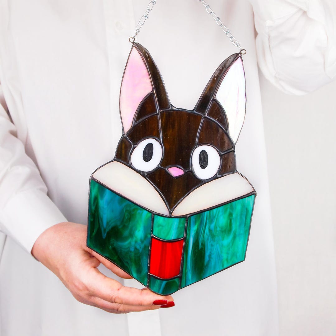 Jiji Cat Reading Book Stained Glass, Unique Gift for Mom, Gift for Her ...