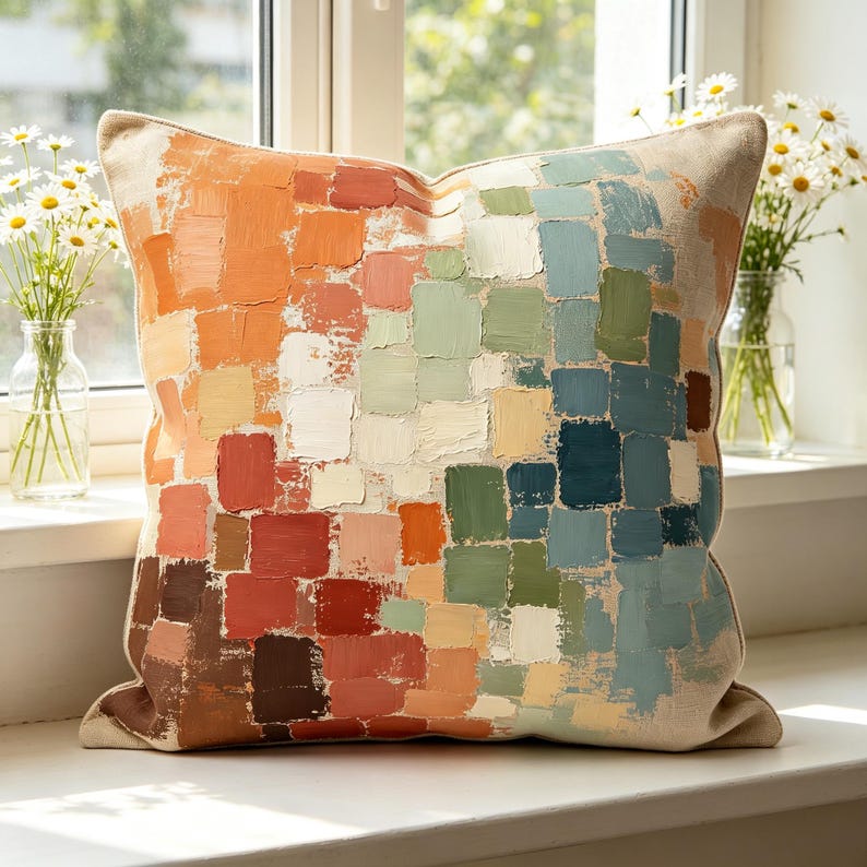 Mid Century Modern Abstract Oil Painting Linen Throw Pillow Cover ...