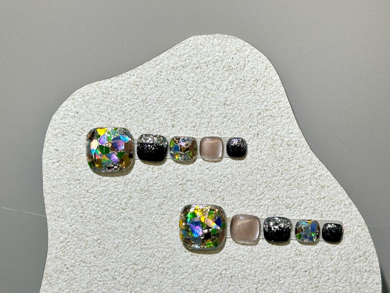 Black Silver Press on Toenails｜statement Glitter Toenails｜minimal Foil ...